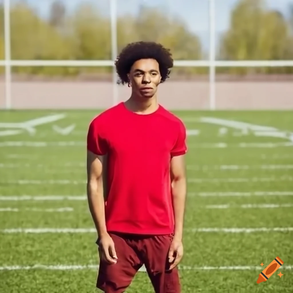 Mixed race guy in red t-shirt on a football field under the sun on Craiyon