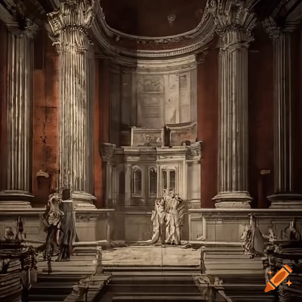 Julius Caesar addressing Roman Senate with ornate columns in ancient ...