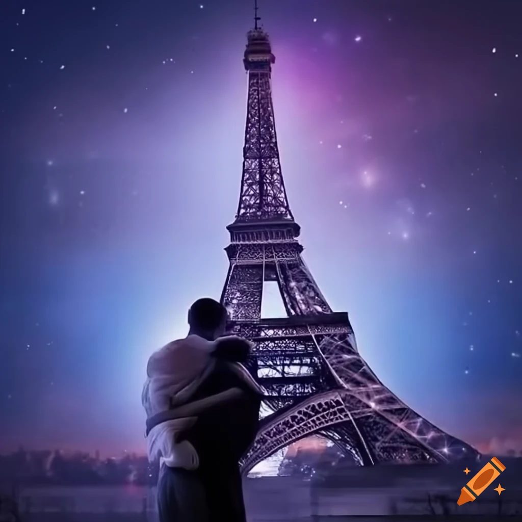 Lovers hugging near the Eiffel Tower under a starry night sky on Craiyon