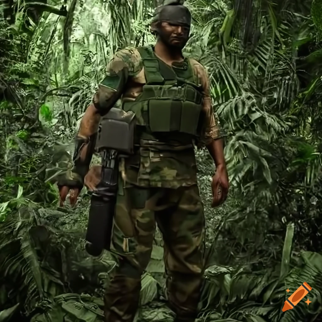 Mercenary captain in a dense jungle with a minigun on Craiyon