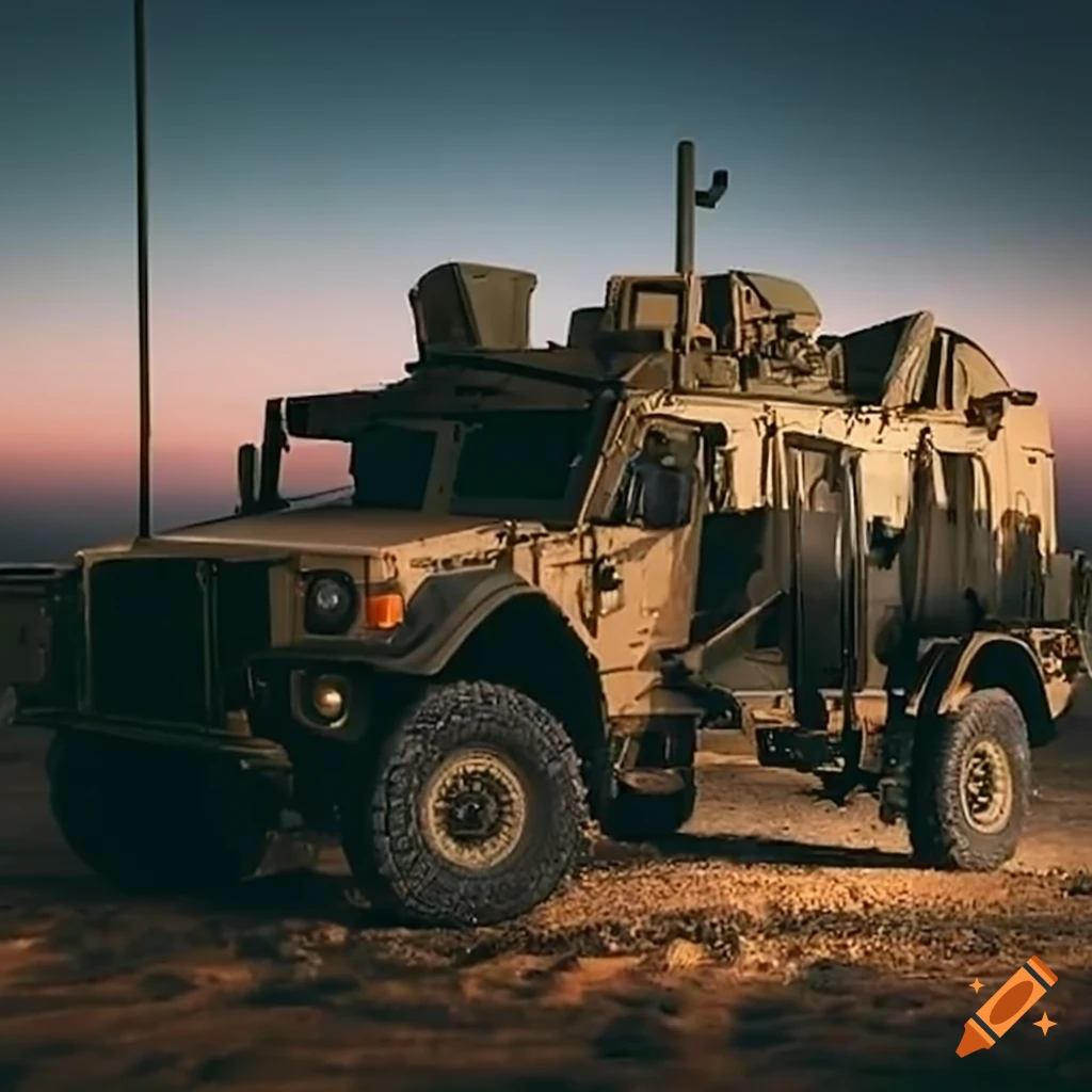 Tactical military vehicle scouting the off-road wilderness on Craiyon