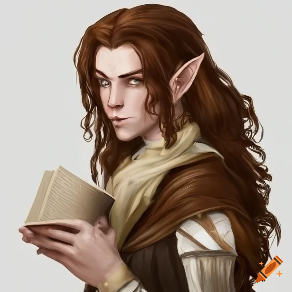 Male Half Elf With Long Brown Hair In A Cloak Holding A Book On Craiyon