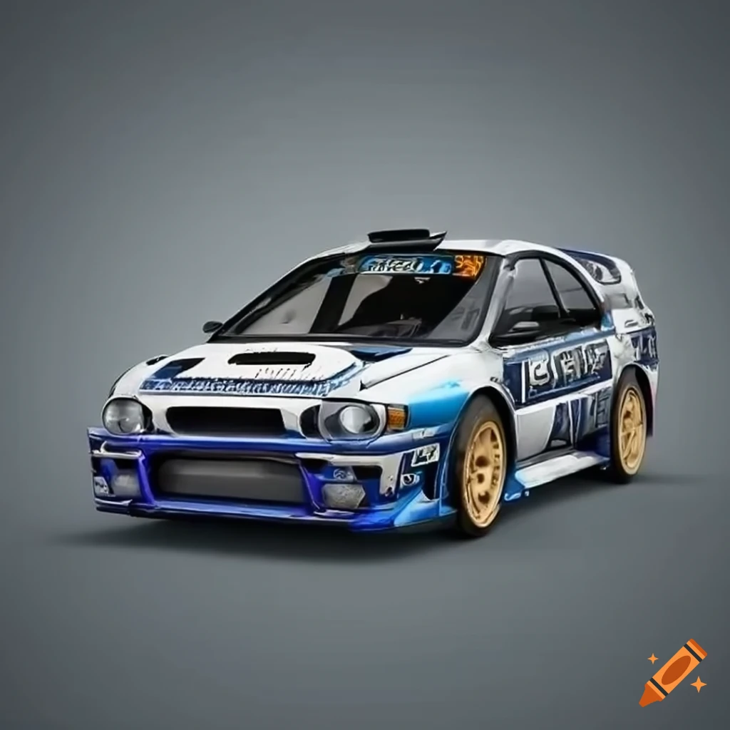 Rally car livery in white, grey, and blue on an Impreza GC8 on Craiyon