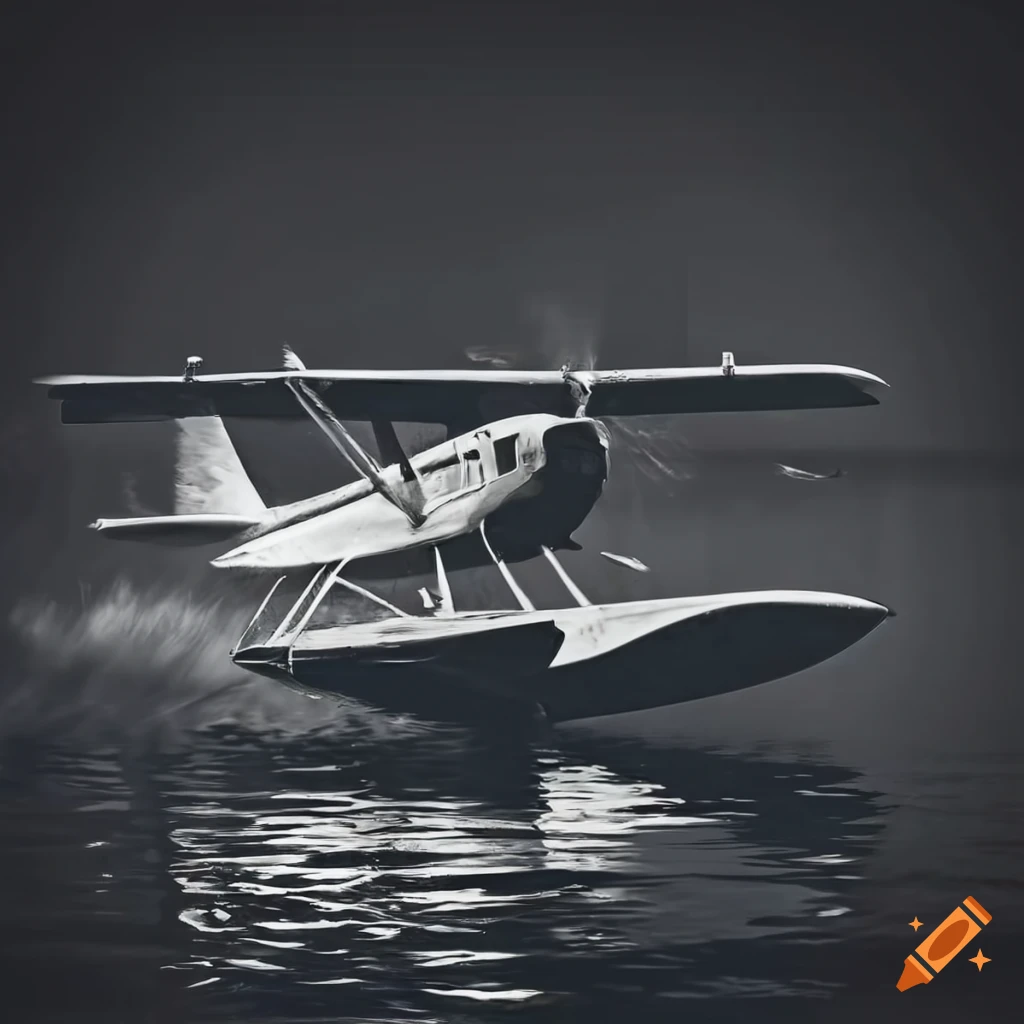 Rustic black and white logo of a float plane on water on Craiyon