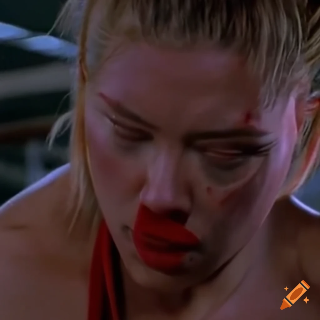 Scarlett Johansson in a 90's movie, bruised and bloodied martial fighter with expressive closeup ...