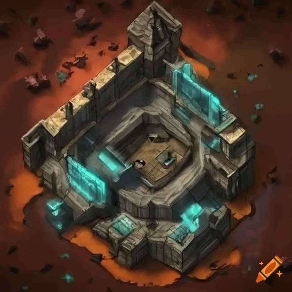 Top-down sci-fi base building in a mountain battle map RPG on Craiyon