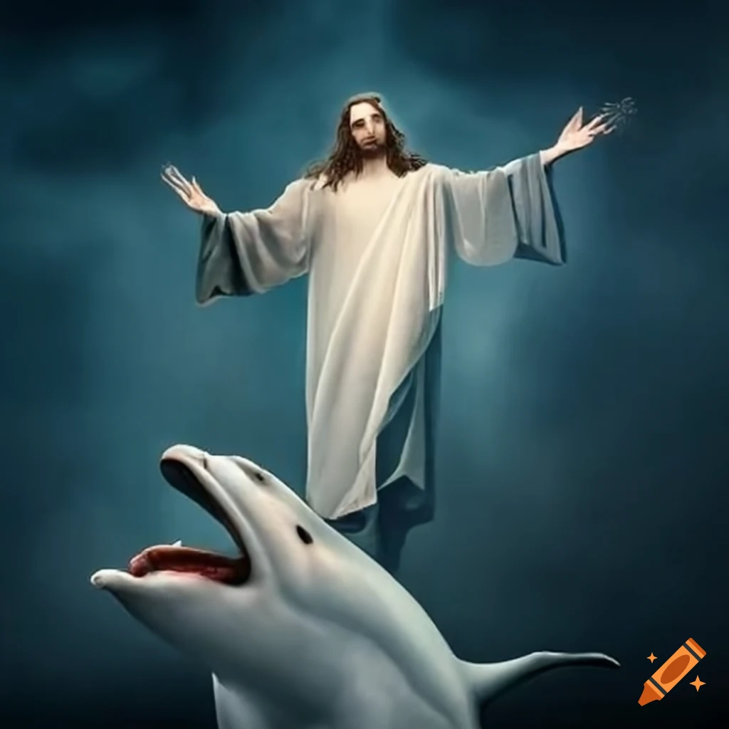 Surreal image of Jesus riding a dolphin with cigar and gun on Craiyon