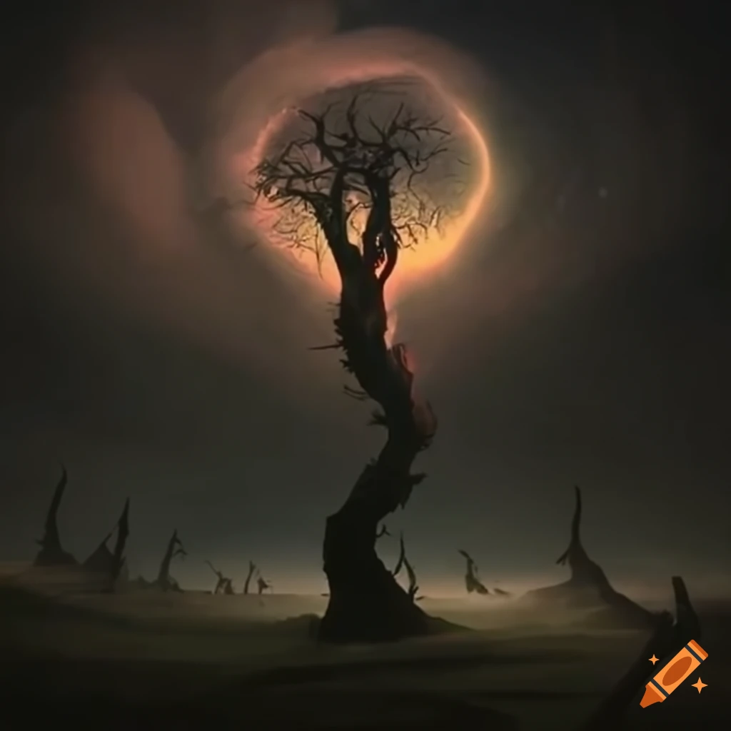 Intimidating avatar of a twisted old tree in the night on Craiyon