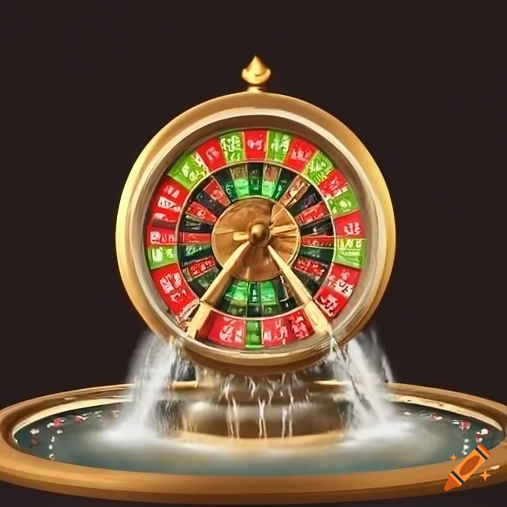 Water fountain designed as a casino roulette wheel from the side view ...
