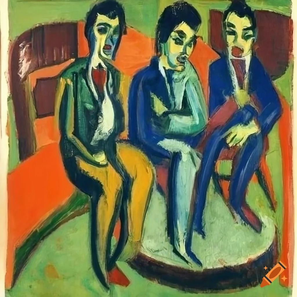 Five proud men sitting on a couch in a midcentury apartment on Craiyon