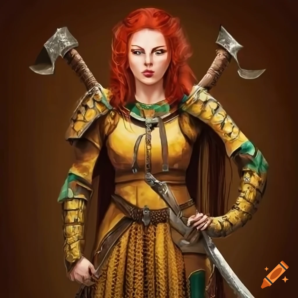 Viking woman in yellow battle armor with a magical rune axe on Craiyon
