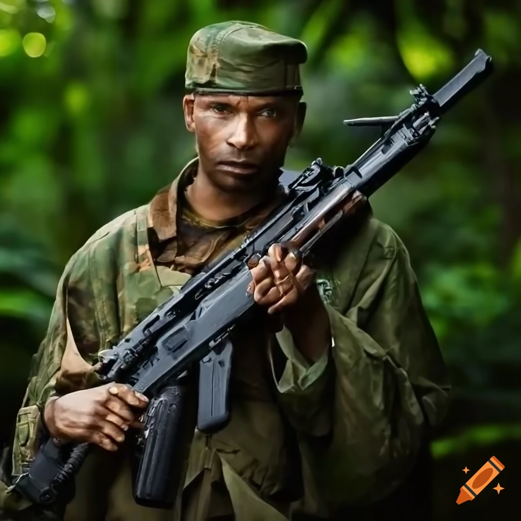 Mercenary captain in jungle gear with a large machine gun in lush ...