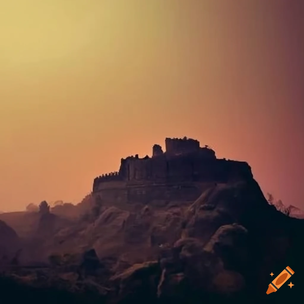 Majestic mud fort kingdom surrounded by hills in India on Craiyon