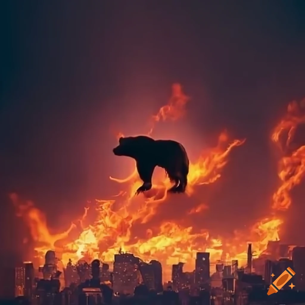 City on fire with a fiery red bear flying above in an epic scene on Craiyon