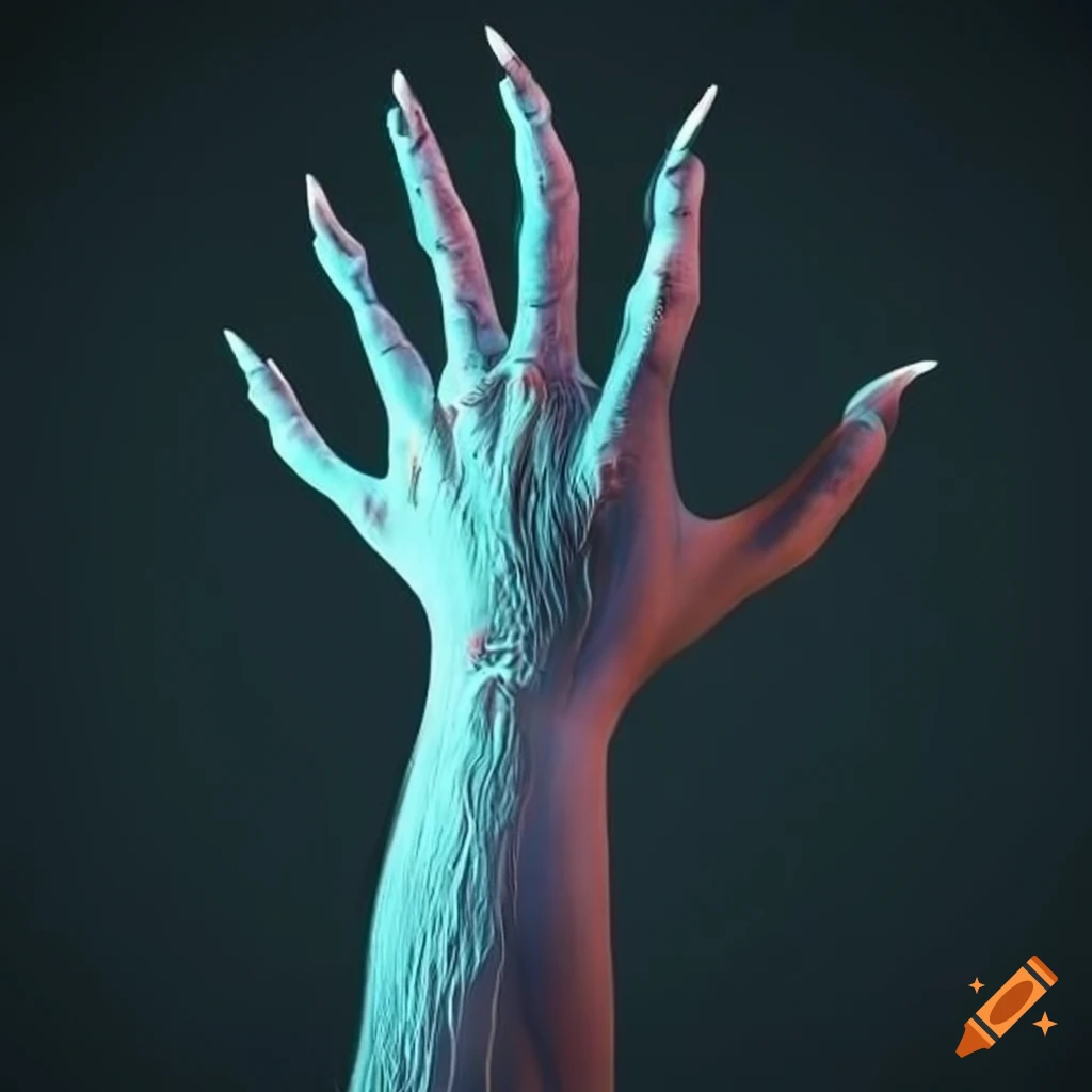 Furred humanoid hand with claws and opposable thumbs on Craiyon