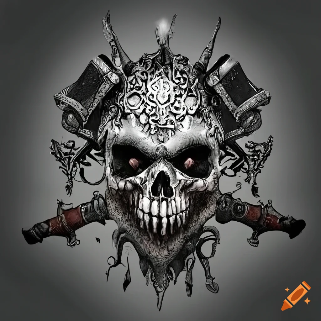 Black and white design of a brutal skull made of war weapons on Craiyon