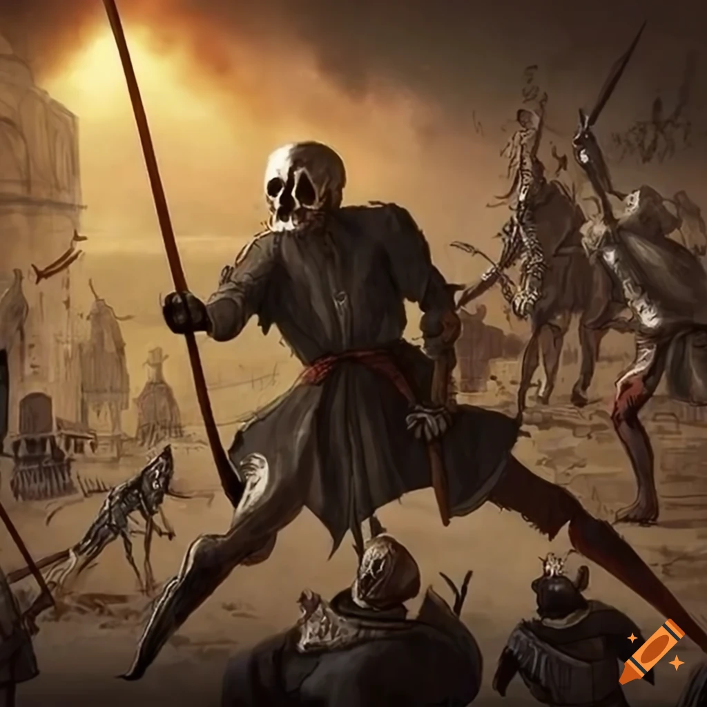 Death with a skull face and staff in a medieval battle on Craiyon