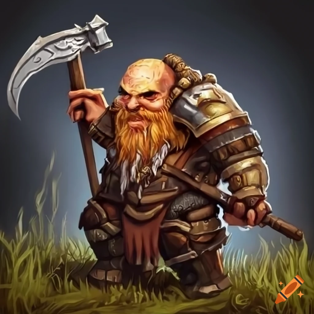 Epic armoured dwarf with a big scythe and long beard in a field on Craiyon