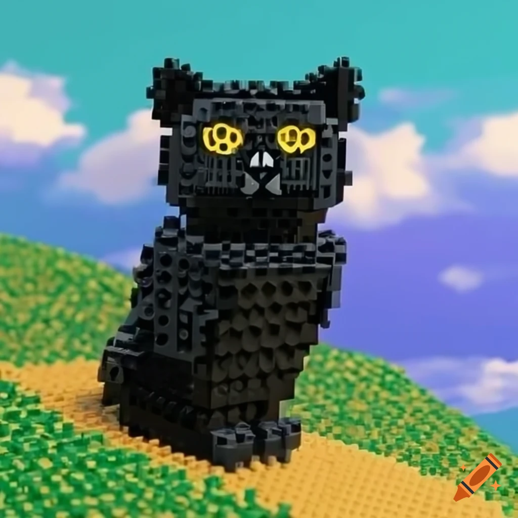 Colorful lego art of a playful black cat on a rolling hill on Craiyon