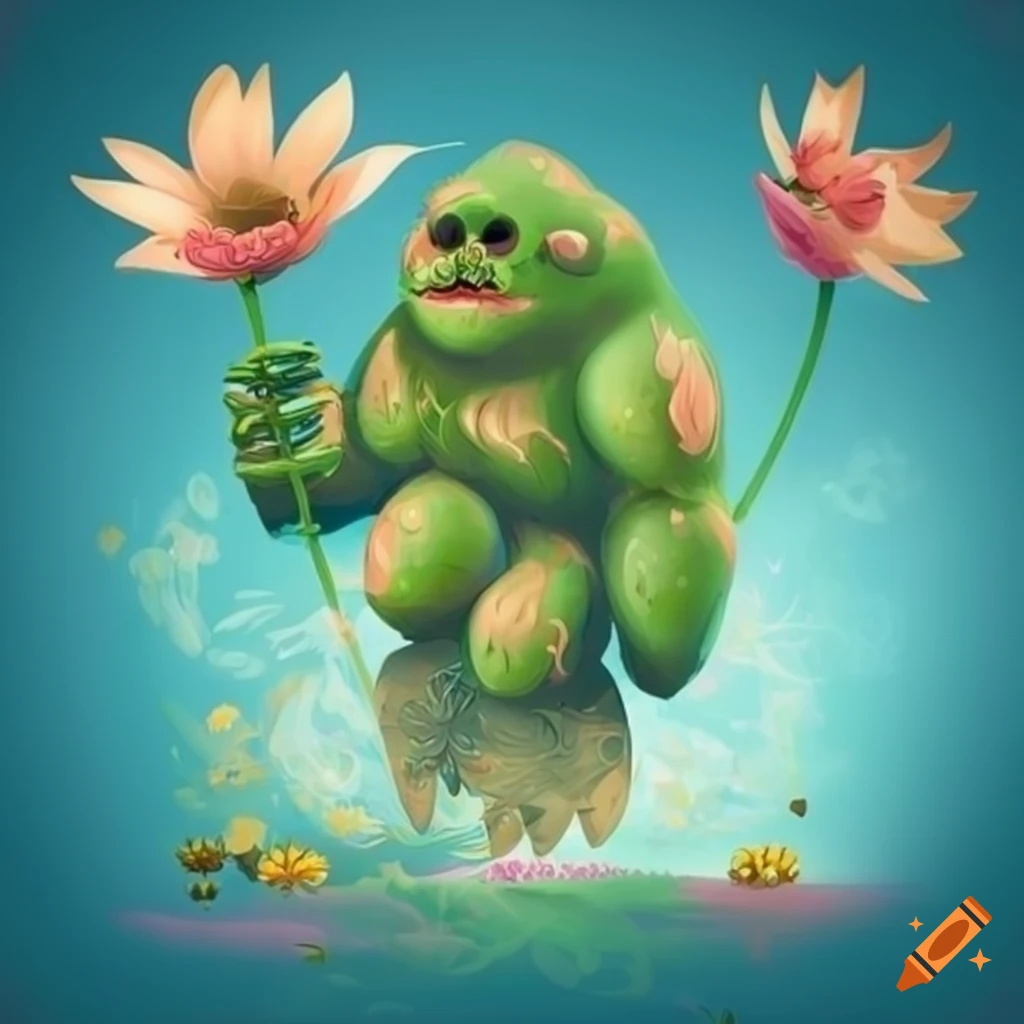 Cute earth elemental surrounded by flowers in a fantasy setting on Craiyon