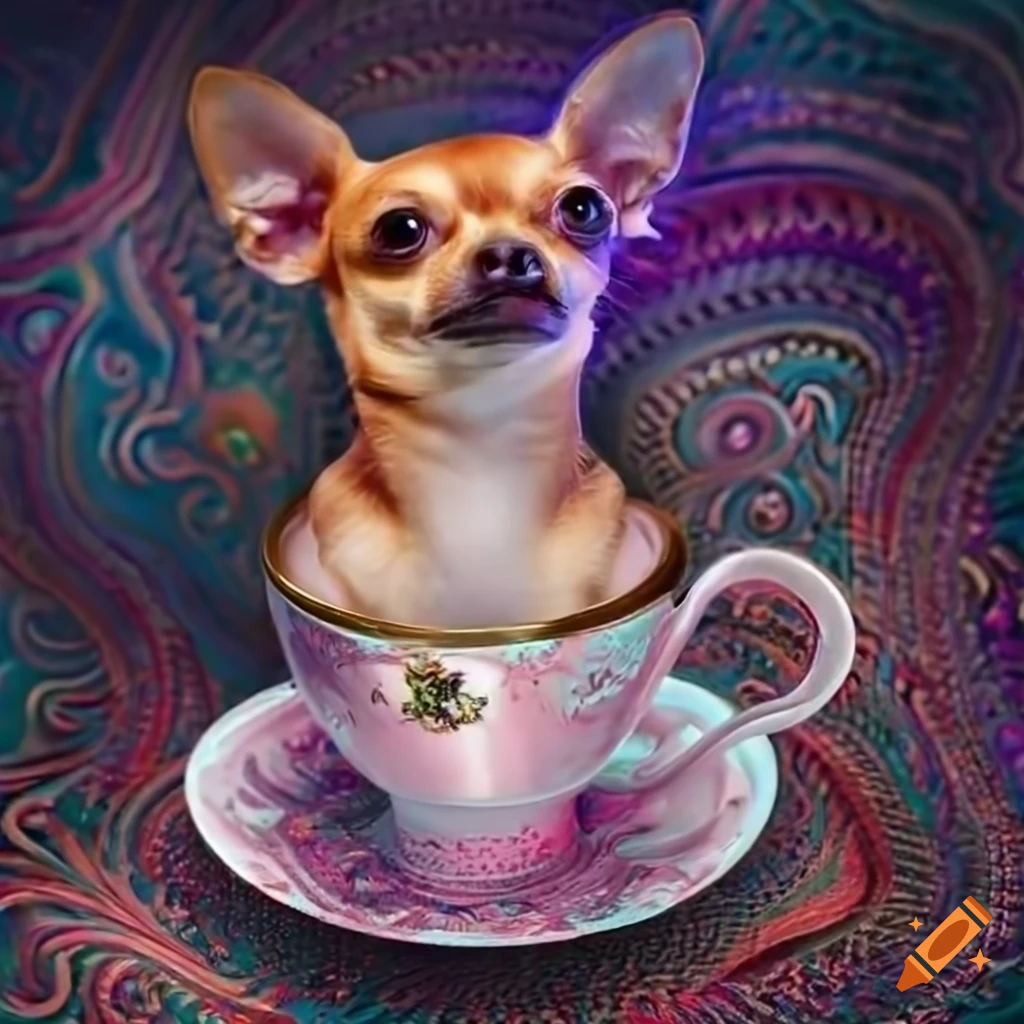 Chihuahua in a fancy TeaCup surrounded by strange creatures in ...