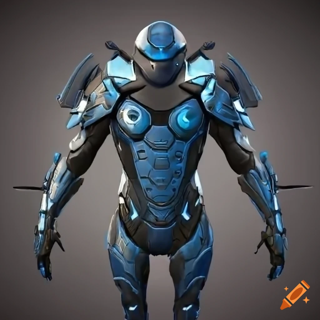 Futuristic solid black matte armor with blue armor plates and glowing ...