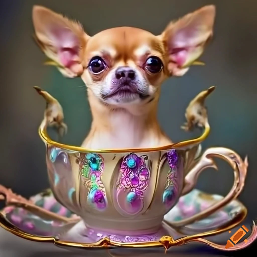 Chihuahua in a fancy TeaCup surrounded by strange creatures in ...