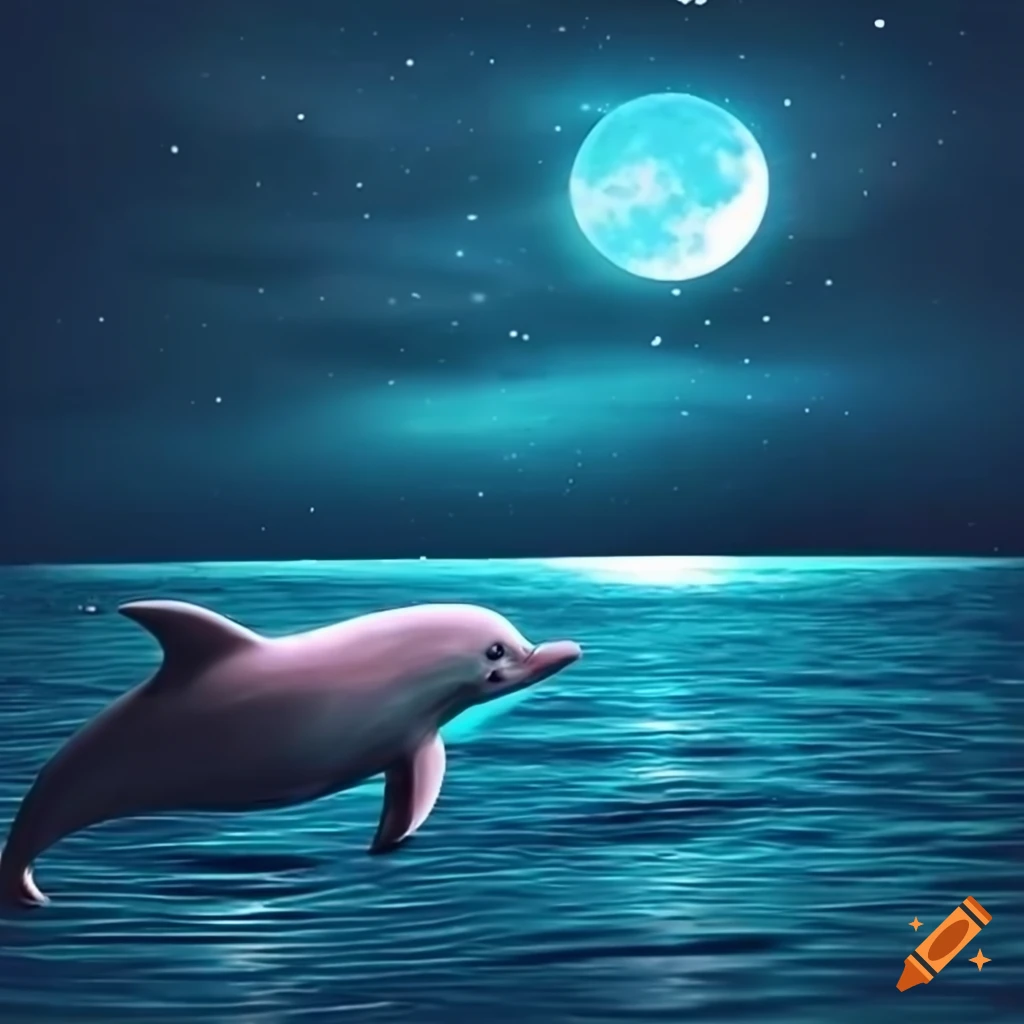 Cheerful dolphin named Daisy under the full moon reflecting on the ...