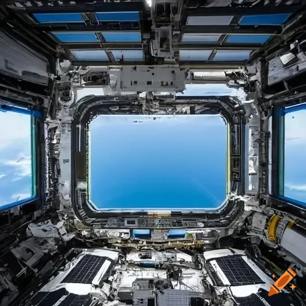Detailed ISS interior with big windows overlooking space scenery on Craiyon
