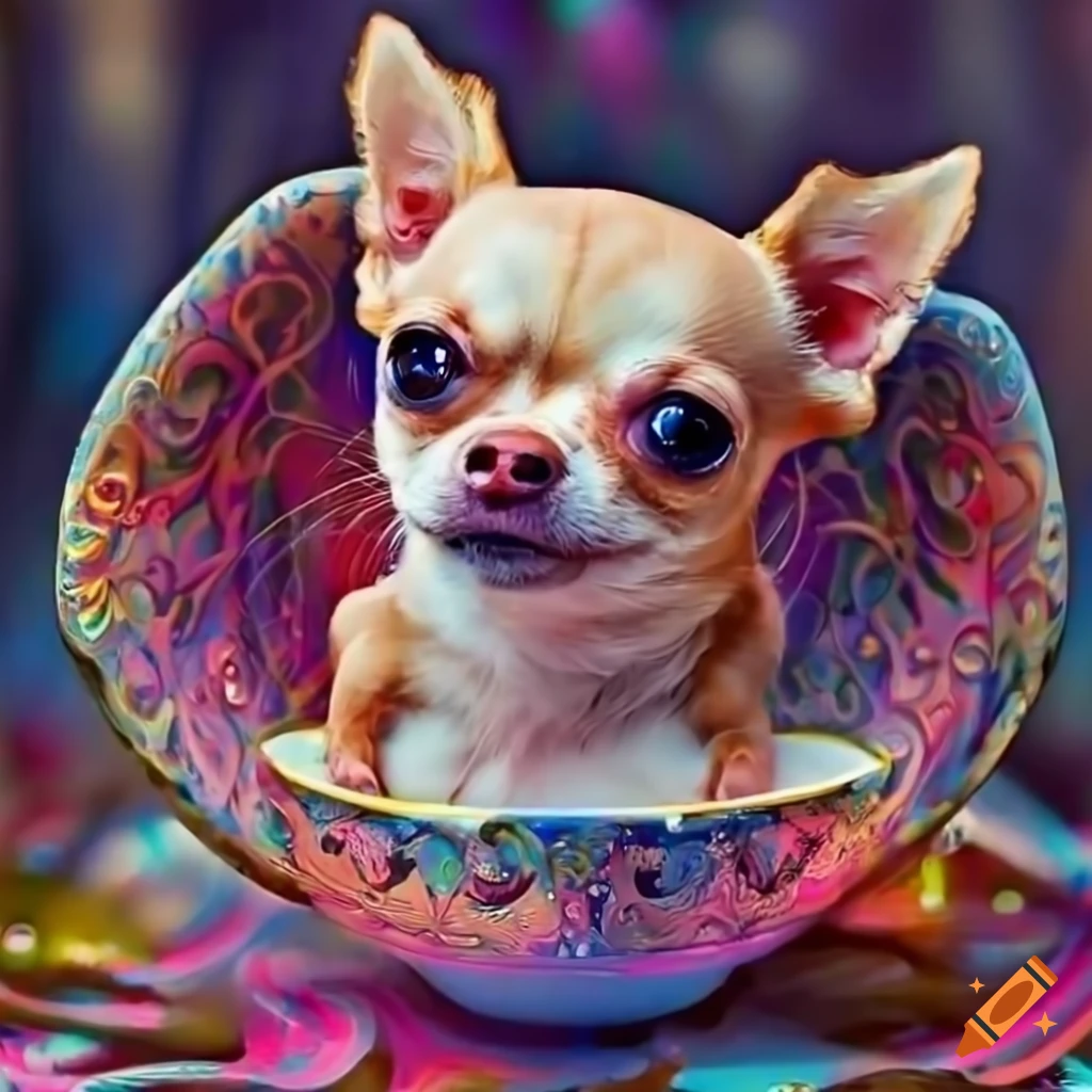 Chihuahua in a fancy TeaCup surrounded by strange creatures in ...