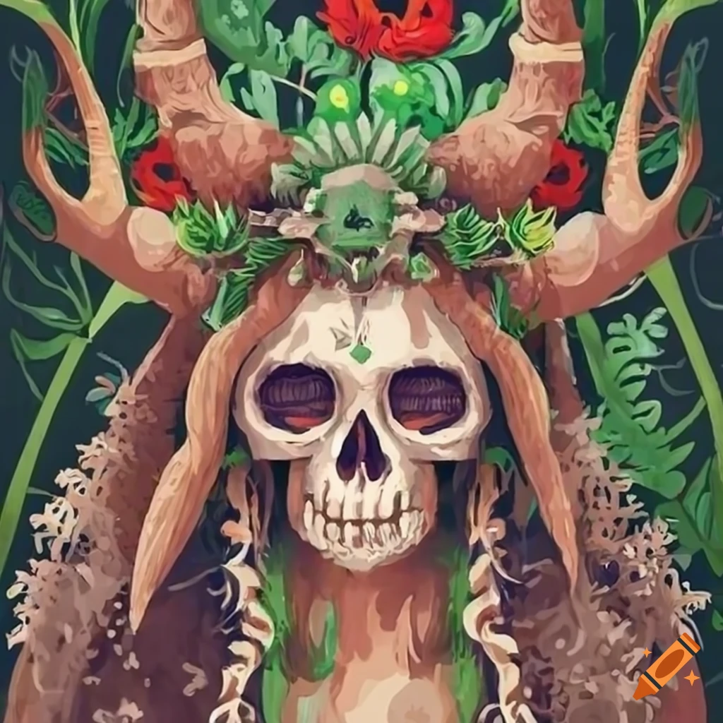 Skull druid shaman with wooden horns and plants on Craiyon