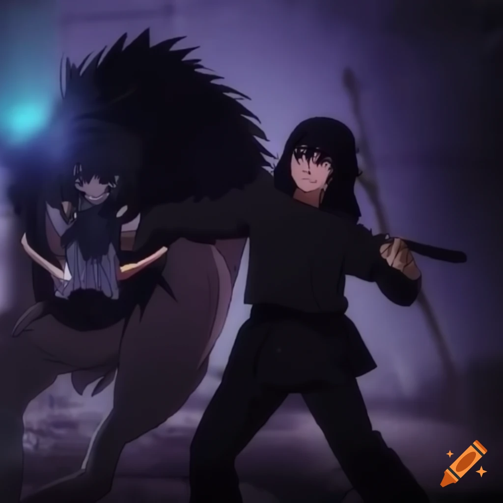 Anime fight scene with black-haired character battling a boar in ...
