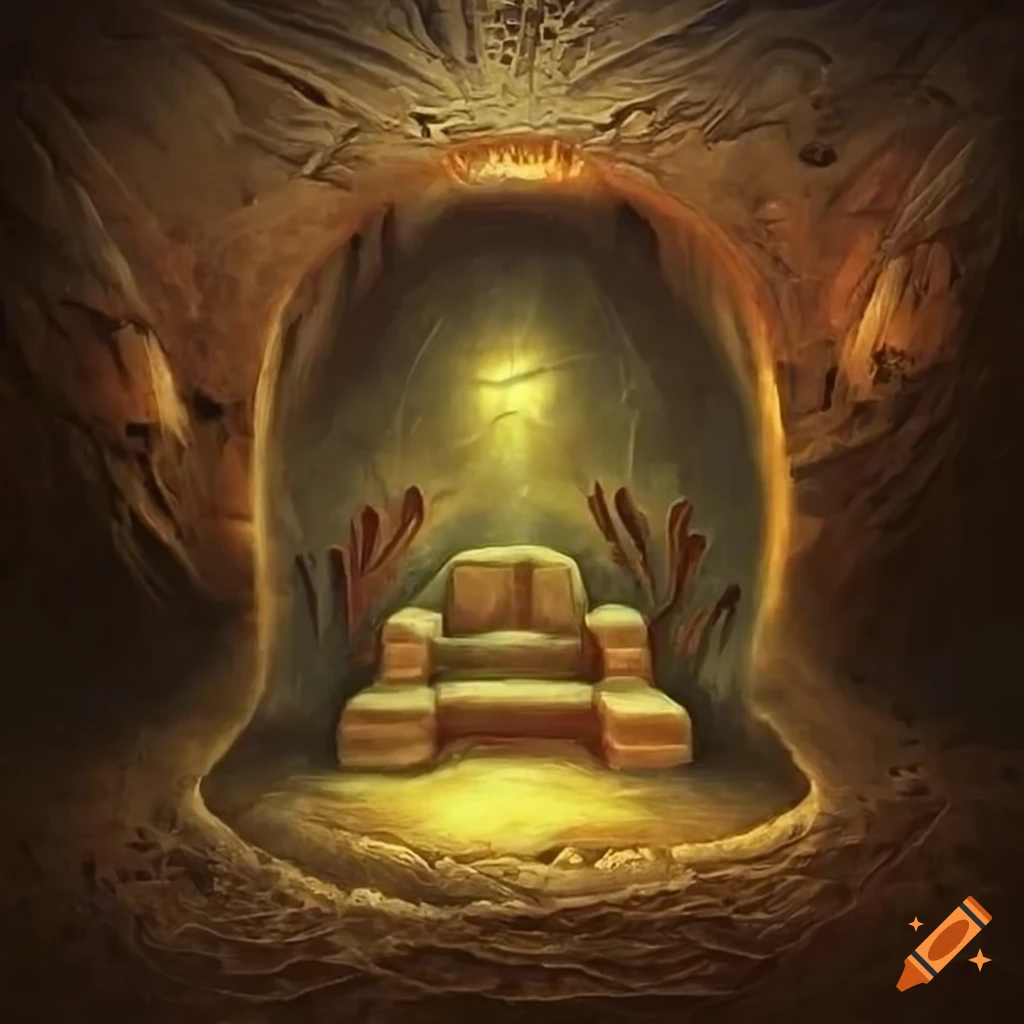 Realistic painting of a prehistoric sumerian-style throne in a sacred ...