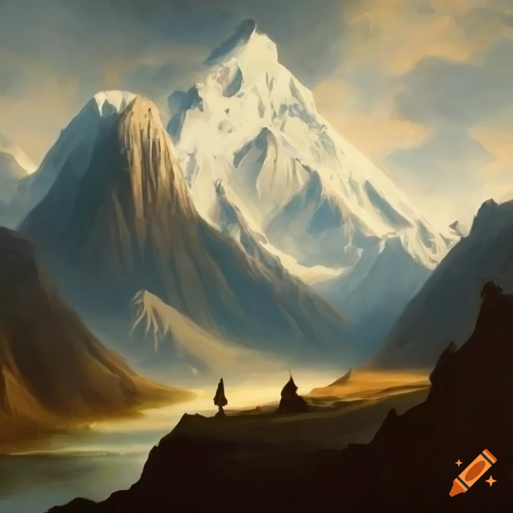 Mount Caradhras with snow-capped peaks and fellowship climbing ...