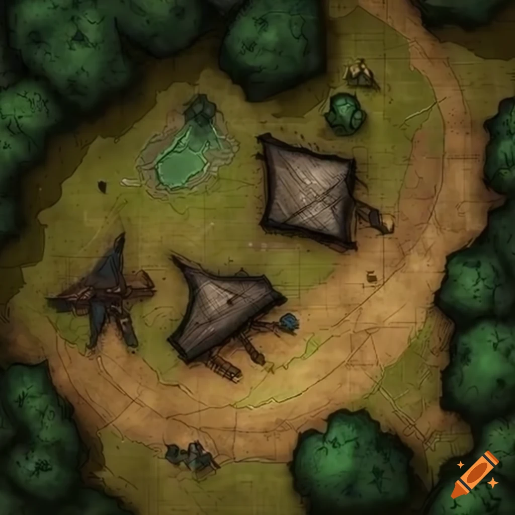 Top-Down D&D battle map of a forest clearing with tents on Craiyon