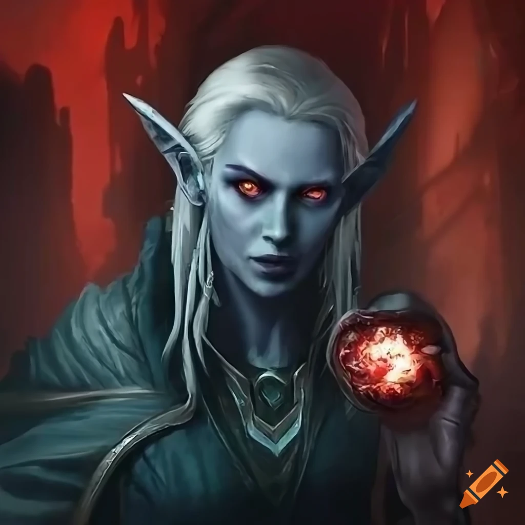 Drow dark elf schoolteacher blood mage holding an arcane blood orb on ...