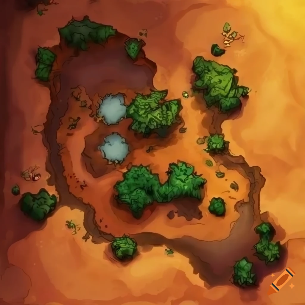 Top-down RPG battle map with half desert and half forest terrain on Craiyon