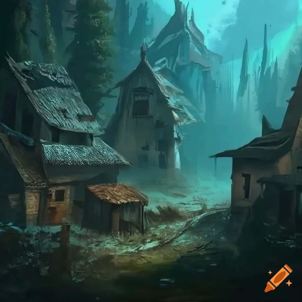 Abandoned village in a fantasy art style depicting destruction on Craiyon