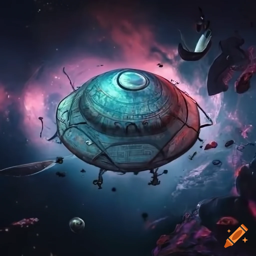 Biopunk fleshy living spaceship in empty space, organic flying saucer ...