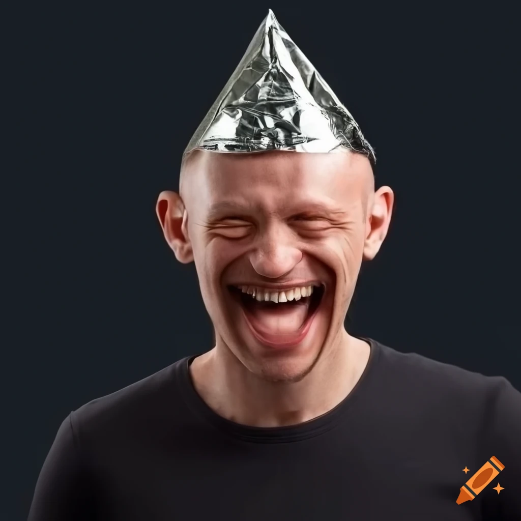 Handsome bald man laughing with a tin foil hat and black t-shirt on Craiyon
