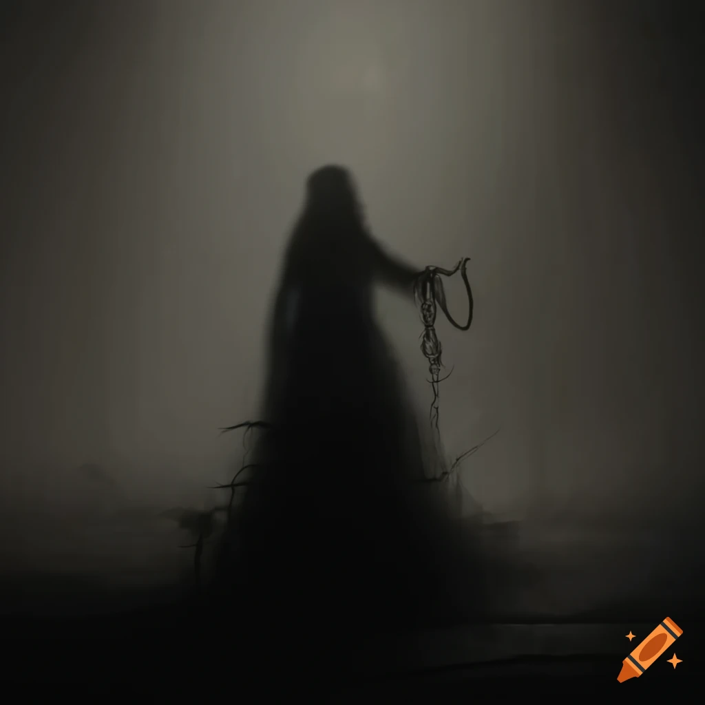 Shadowy figure in chains and bleeding in a misty atmosphere on Craiyon