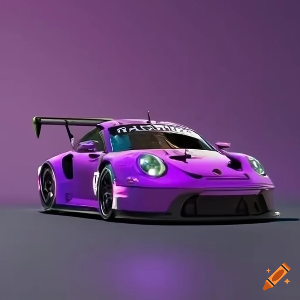 Porsche 911 rsr gte racer in vibrant purple at desert race track on Craiyon