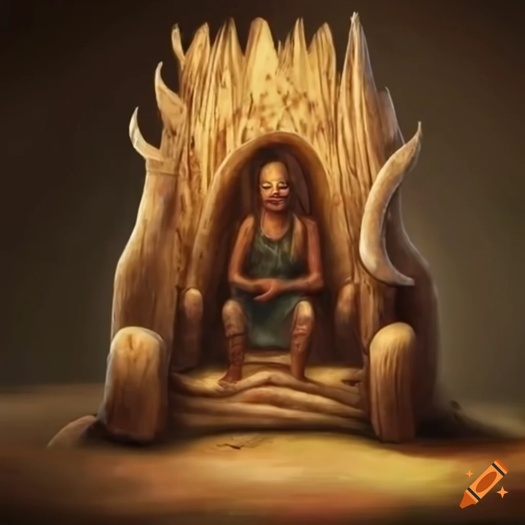 Realistic painting of a stone age village with an ivory tusk throne and ...