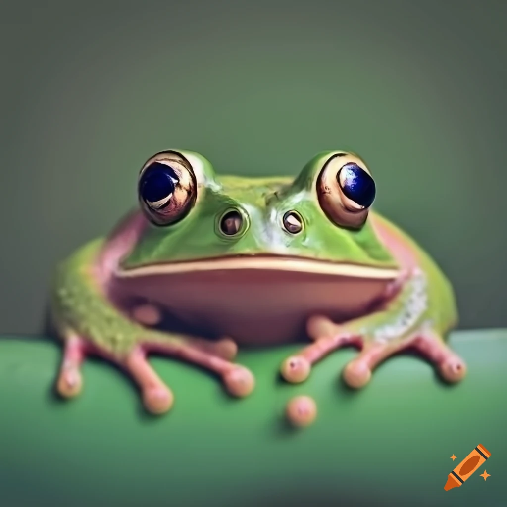Front-facing portrait of a frog with a big head sitting on a table on ...