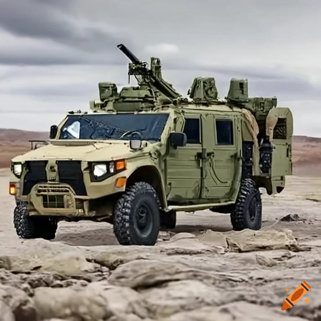 Tactical military vehicle scouting the off-road wilderness on Craiyon