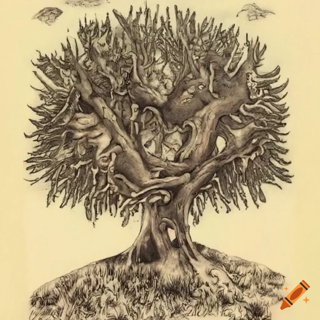 Surreal portrayal of Ray Bradbury as a writer-tree in a foliage-filled ...