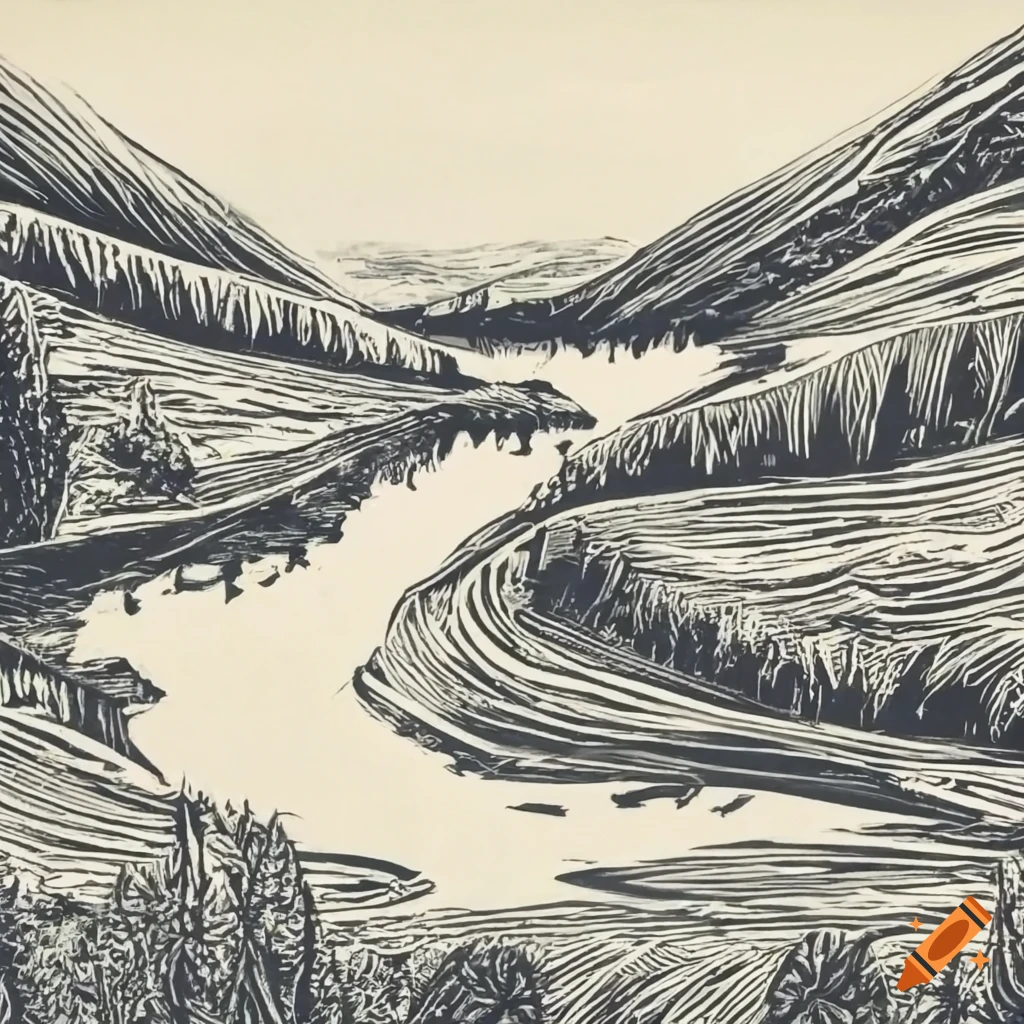 Countryside with trees, hills, and river in linocut style on Craiyon