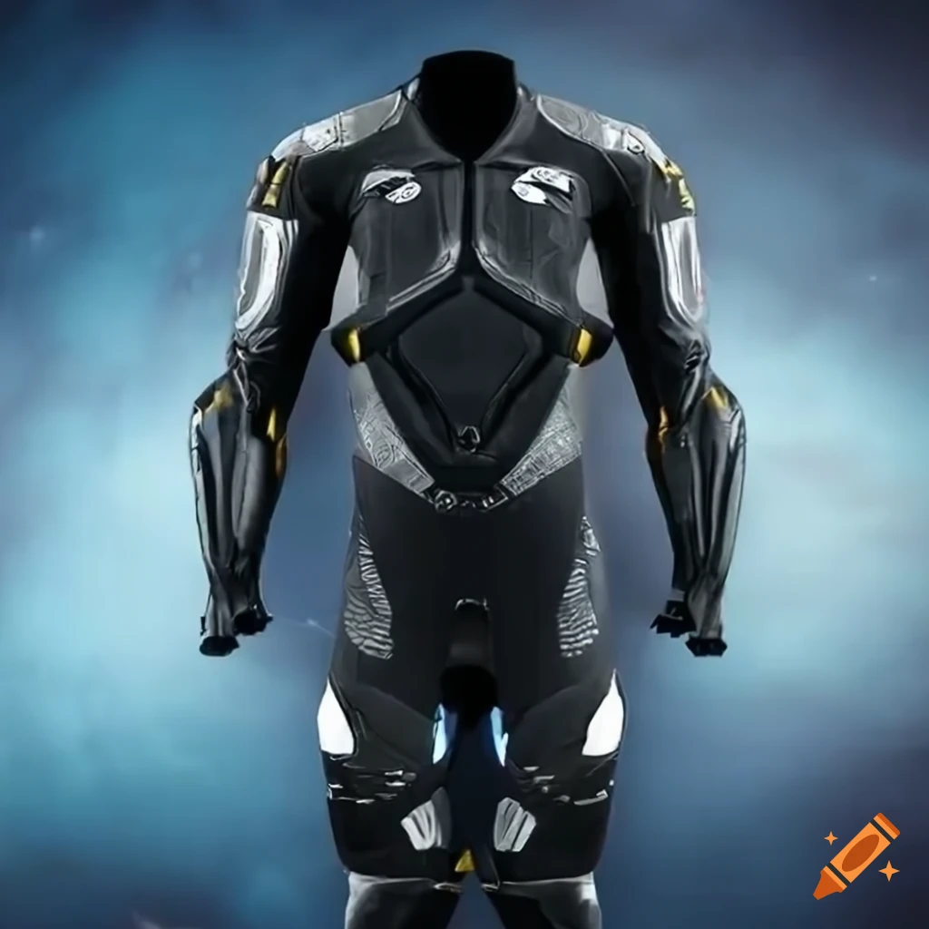 Black motogp racing suit with futuristic energy armor plates in space ...