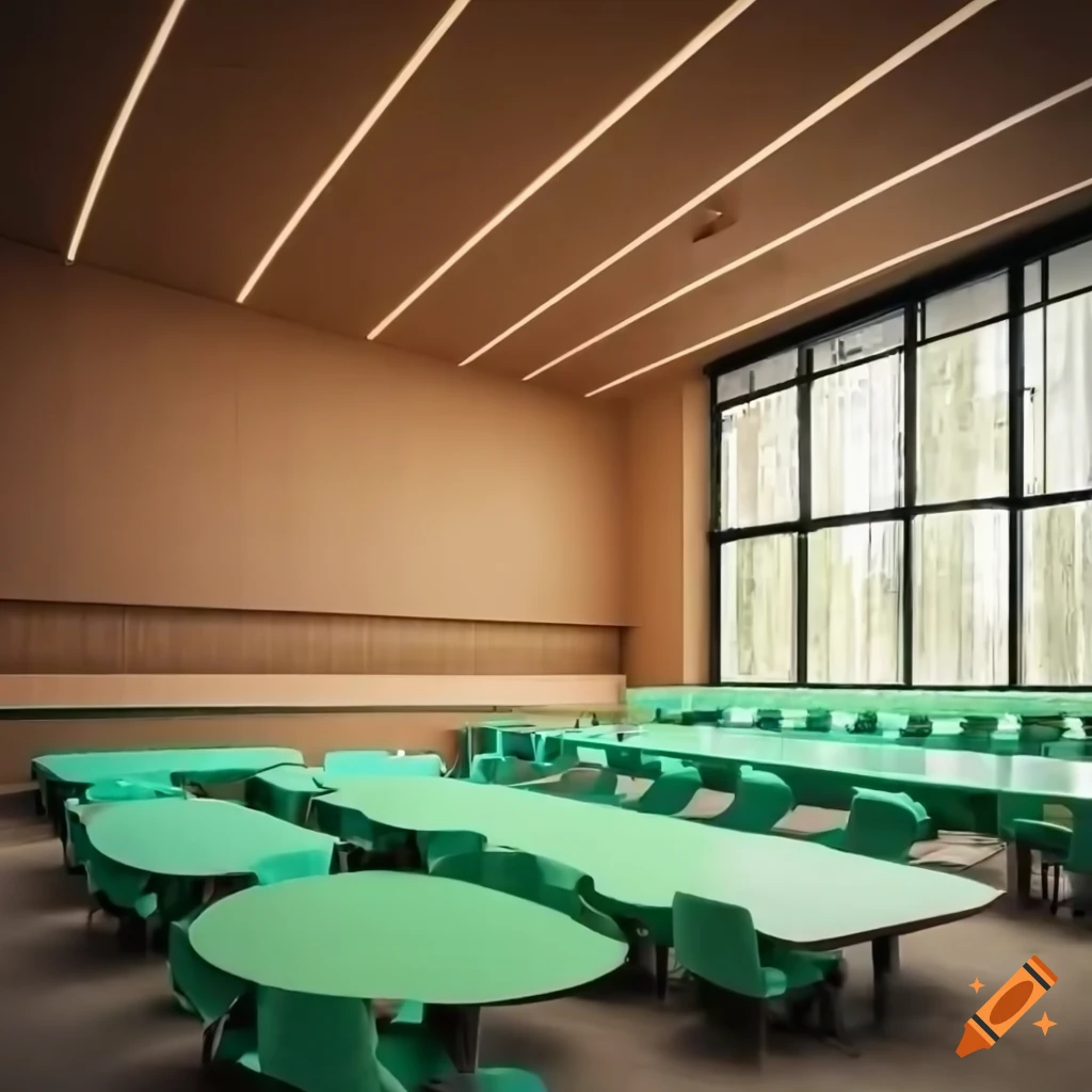 Modern school hall with flexible seating and natural lighting on Craiyon