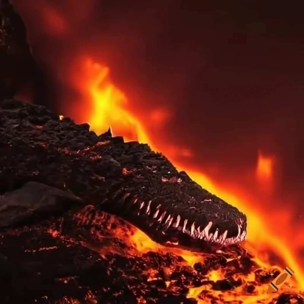 Carnivore animal in a lava world with sharp long teeth and skin made of ...